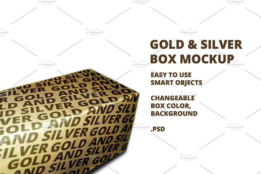 Realistic single Gold & Silver Box Mockup - mockupden