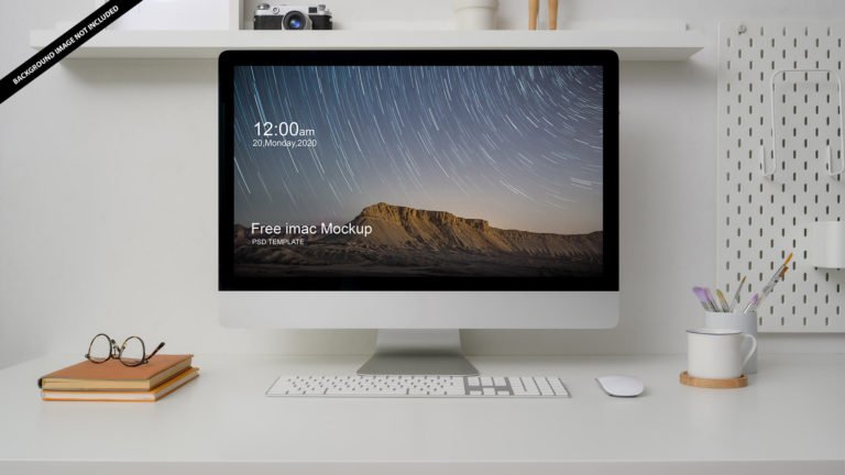 Free iMac On a Study Table Mockup PSD Template | Mockup Den