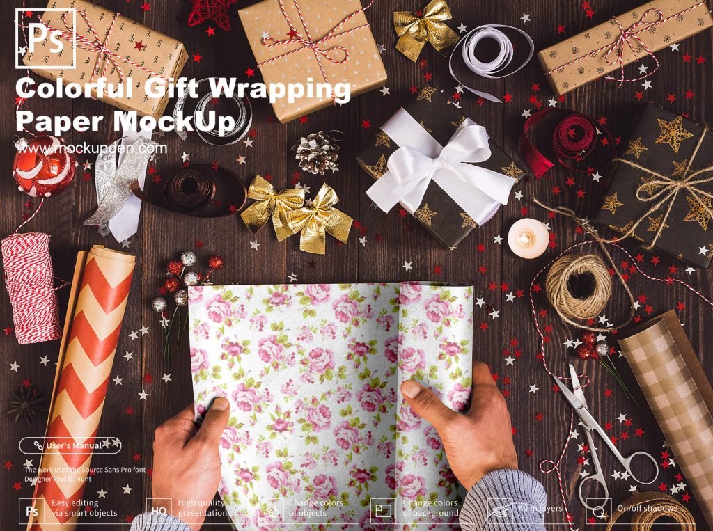 Colorful Gift Wrapping Paper MockUp - Mockup Den