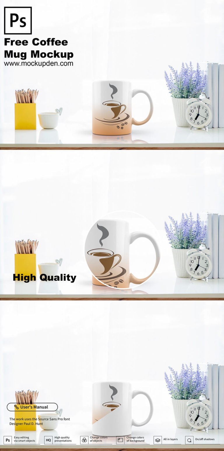 Free Coffee Mug On a Table Mockup PSD Template - Mockup Den