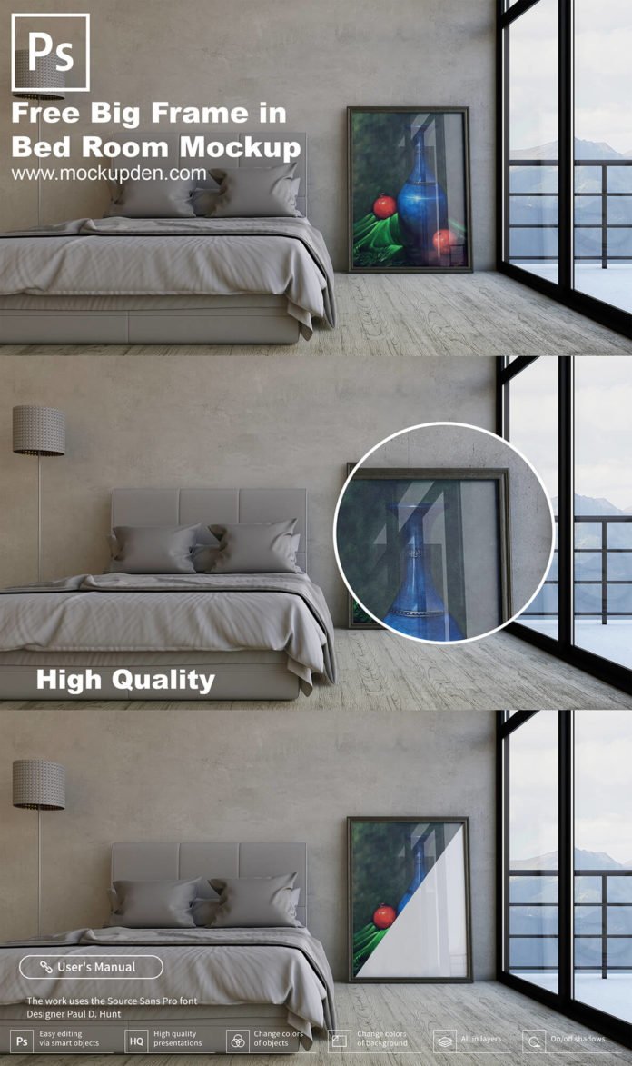 Free Big Frame In Bedroom Mockup PSD Template - MocFree Big Frame In ...